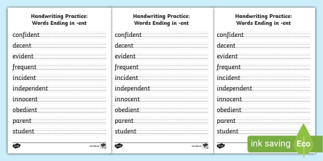 * NEW * Handwriting Practice: Words Ending in -ent