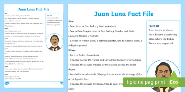 * NEW * Juan Luna Fact File | Preschool | Twinkl