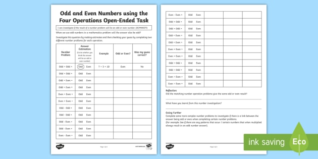 Odd and Even Numbers Using the Four Operations Open-Ended Task Worksheet