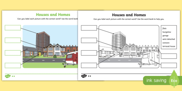 Houses and Homes Labelling Differentiated Worksheet / Worksheet Pack,