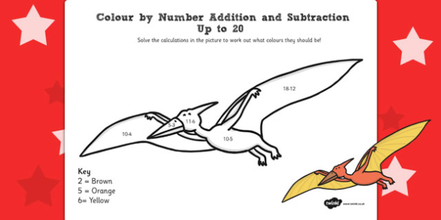 Dinosaurs Colour by Number Addition and Subtraction Up to 20