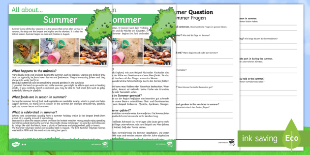 Summer Differentiated Reading Comprehension Activity English/German ...