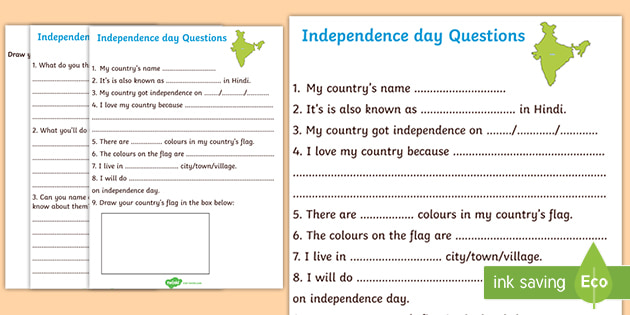 Indian Independence Day Questions and Writing Prompt - Ages (7-11)