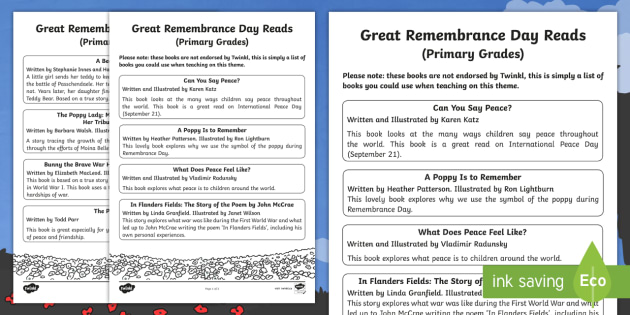 Great Remembrance Day Reads (Primary Grades) Book List
