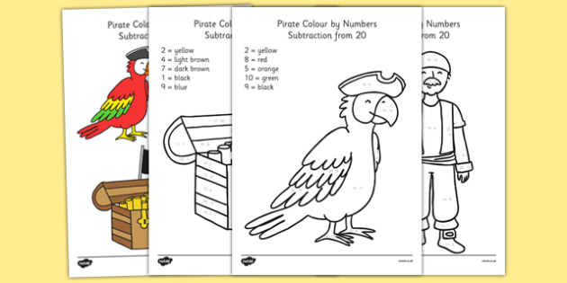 Pirate Themed Subtraction From 20 Colour by Numbers