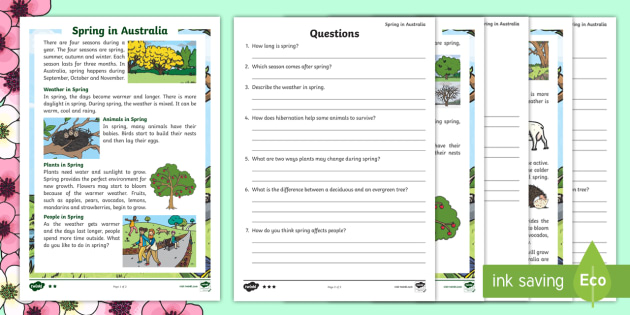 F-2 Spring in Australia Differentiated Reading Comprehension Activity