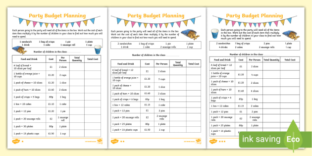 Party Budget Planning (GBP) Activity Sheets