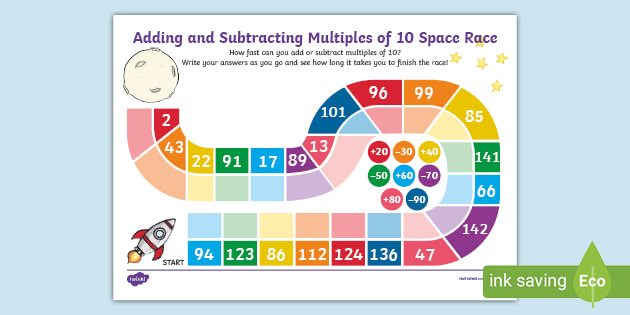 Adding and Subtracting Multiples of 10 Race Worksheet
