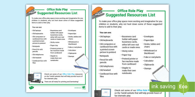 Office Role Play Suggested Resources List (Teacher-Made)