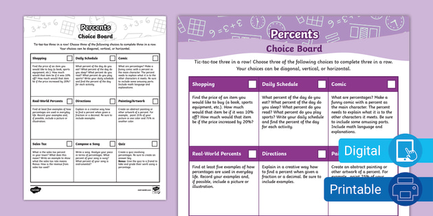 Percents Math Choice Board