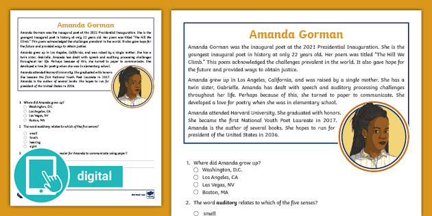 Fourth Grade Amanda Gorman Reading Comprehension Activity
