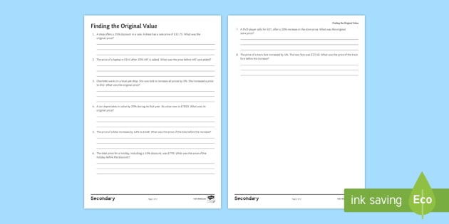 Reverse Percentages Worksheet: Find the Original Value