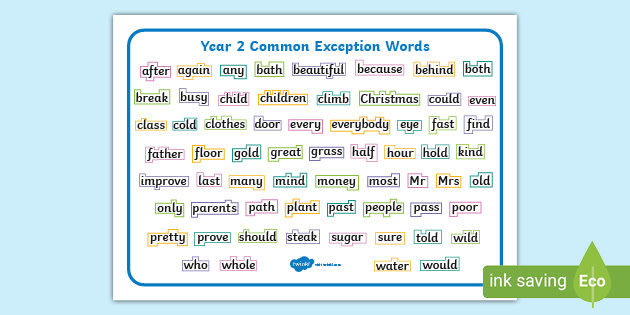 Year 2 Common Exception Words with Outline Word Mat