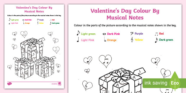 Valentine's Day Colour by Musical Notes Worksheet / Worksheet