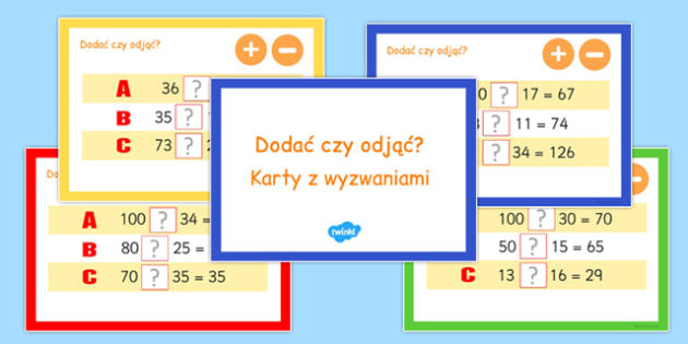 Karty z wyzwaniami Dodawanie i odejmowanie po polsku
