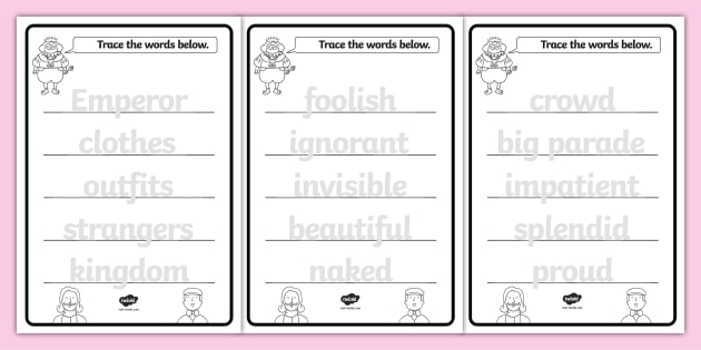 The Emperors New Clothes Trace the Words Worksheet - motor skills