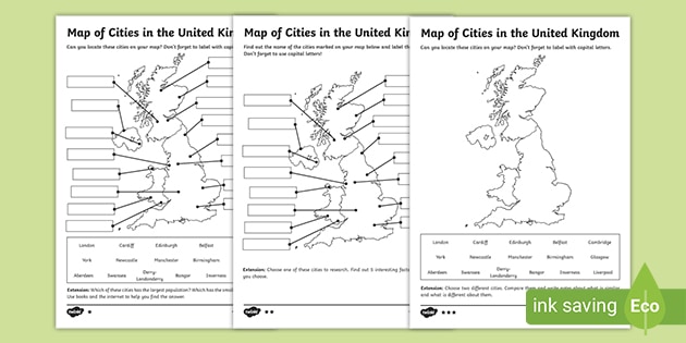 Locating UK Cities on a Map Differentiated Worksheet