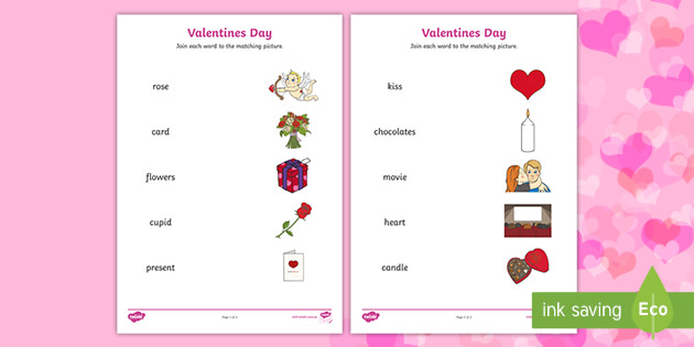 Valentine's Day Word and Pictures Matching Worksheet - valentines