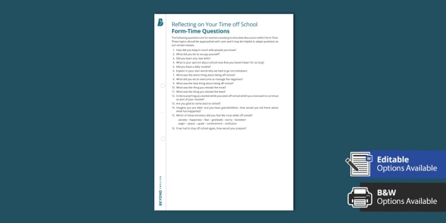 FREE! - Reflecting on Your Time off School: Form Time Questions
