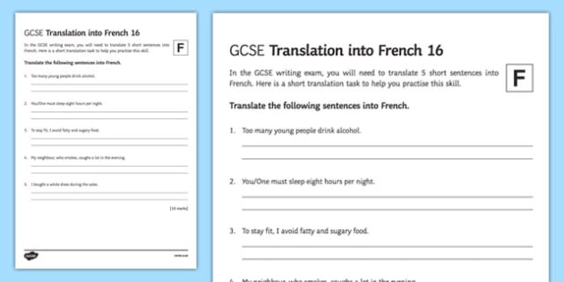 GCSE French: Translation into French Foundation Tier Worksheet / Worksheet