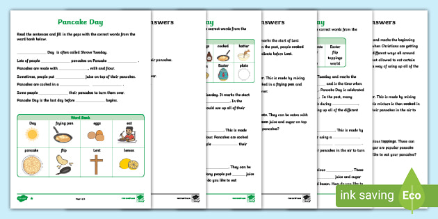 KS1 Pancake Day Cloze Procedure Differentiated Worksheets
