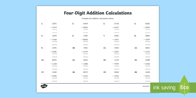 Four-Digit Addition Calculations Worksheet