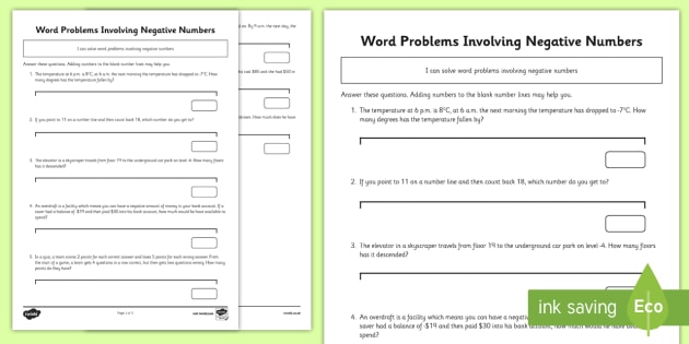World Problems Using Negative Numbers Activity