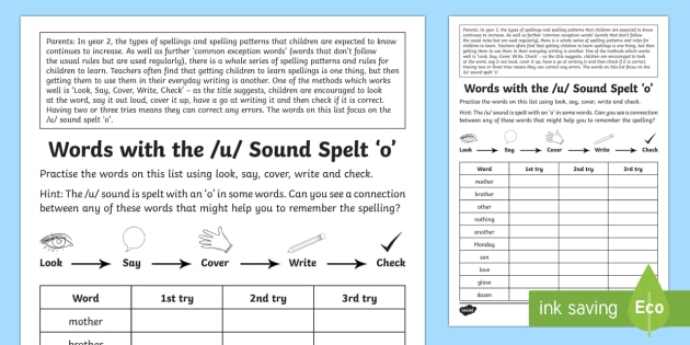Year 2 Spelling Practice /u/ Sound Spelt 'o' Homework Worksheet / Worksheet
