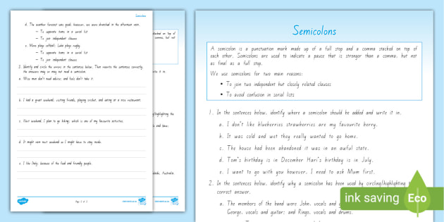 Level 3 Writing: Semicolons Worksheet