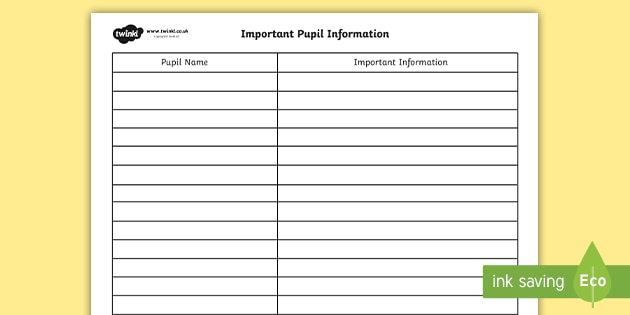 Pupil Important Information Sheet -important information, pupil information