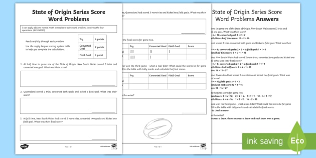 State of Origin Series Score Word Problems Worksheet / Worksheet