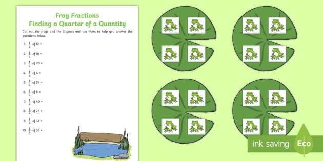 Frog Fractions Finding a Quarter of a Quantity Worksheet