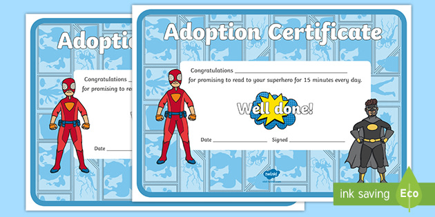 Adopt a Reading Superhero Certificate (teacher made)