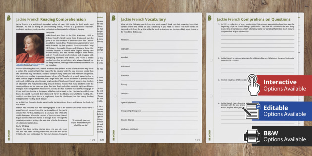 Differentiated Jackie French Reading Comprehension - Beyond