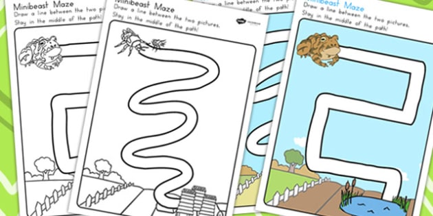 Minibeasts Pencil Control Path Worksheets - fine motor skills