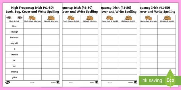 High Frequency Irish Words (41-80) Look, Say, Cover and Write Spelling