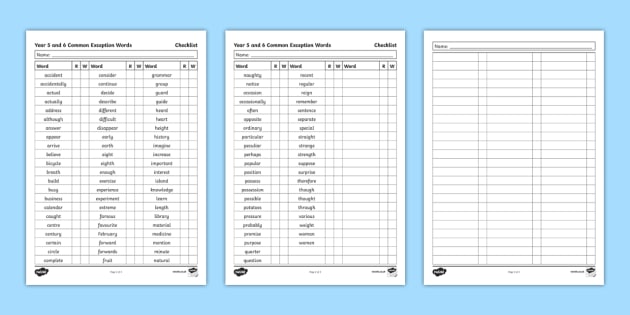 Common Exception Words Year 3 and 4 Checklist (teacher made)