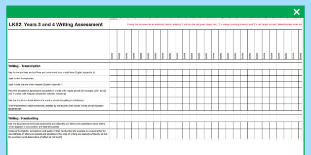 2014 National Curriculum LKS2 Years 3 and 4 English Writing Spreadsheet