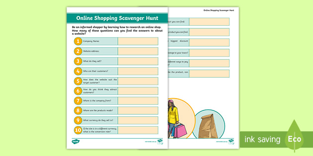 Online Shopping Scavenger Hunt Worksheet