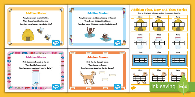 👉 Addition First, Now and Then Stories Activity