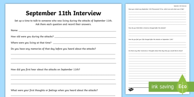 September 11th Interview Worksheet / Activity Sheet - September