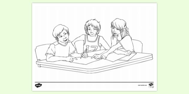 Group Work at a Desk Colouring Sheet | Colouring Sheets