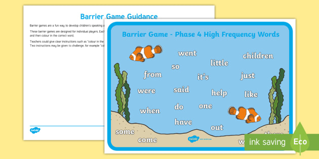 Phase 4 High Frequency Words Under the Sea Themed Barrier Game