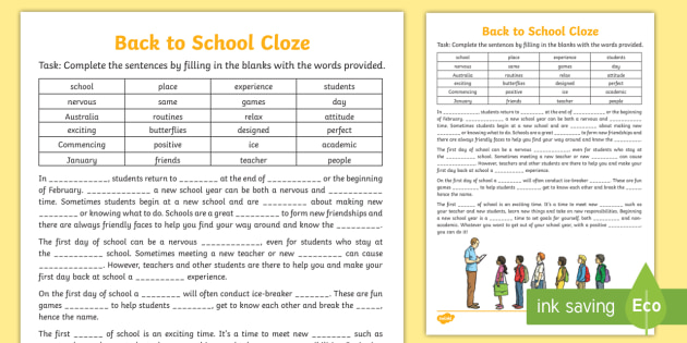 Back to School Cloze Worksheet (teacher made)