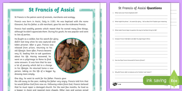St Francis of Assisi Differentiated Reading Comprehension Activity