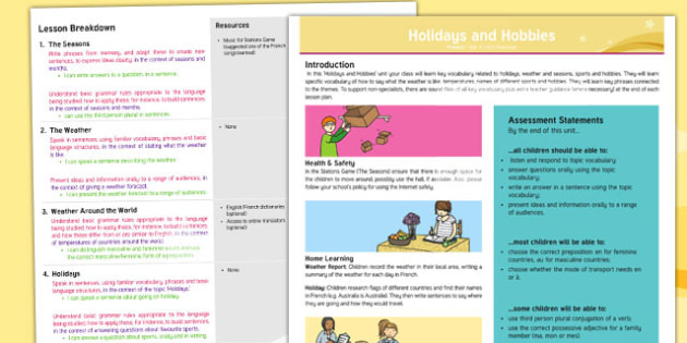 French: Holidays and Hobbies Year 4 Overview (teacher made)