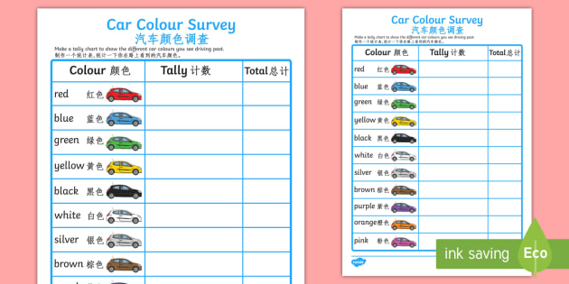 Car Colour Survey Activity - English/Mandarin Chinese - Car Colour Survey