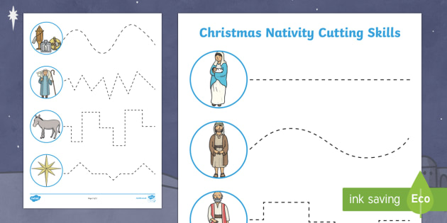 Black and White Christmas Nativity Cutting Skills Worksheets