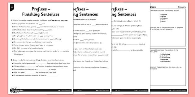 Prefixes - Finishing Sentences Differentiated Worksheet / Worksheet Pack