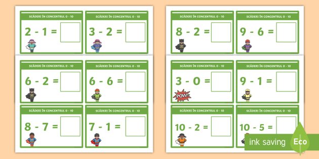 Scăderi în concentrul 0 - 10 Cartonașe (teacher made)